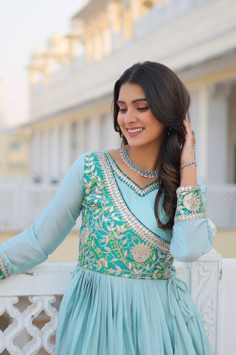 Alluring Sky Blue Color Pure Chinon And Bandhej Gotta Patti Cording Wo ...