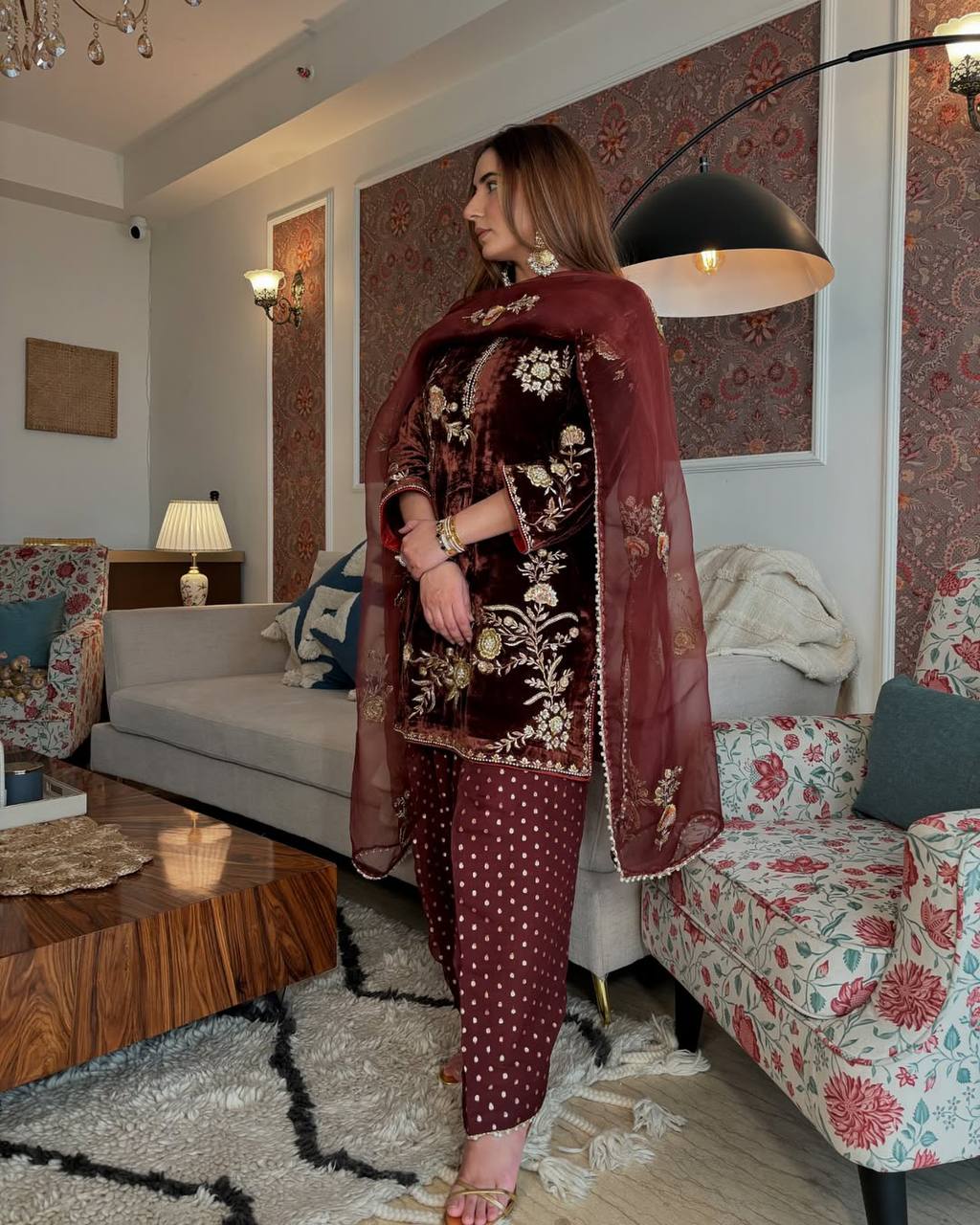 Coffee Color Designer Velvet Farshi Salwar Suit Set – Vastra Shop
