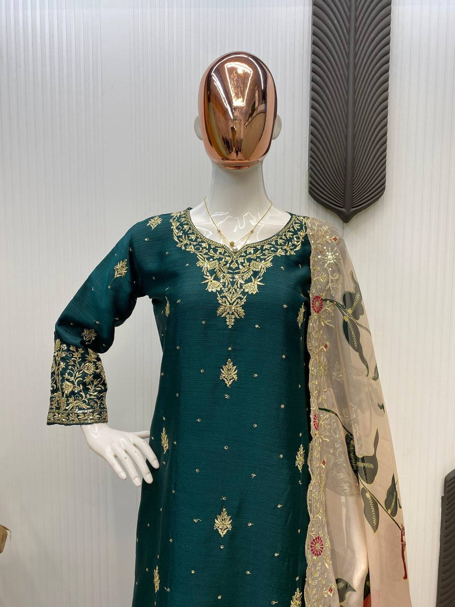 Engagement Wear Green Color Chinon With Sequence Embroidery Work Shara ...
