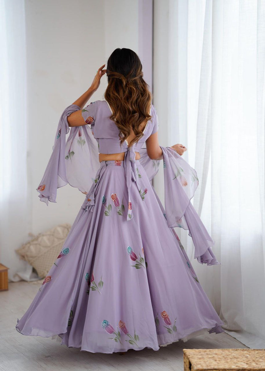 Arti Chauhan's Lavender Color Hand Painted Pure Georgette Lehenga Set ...