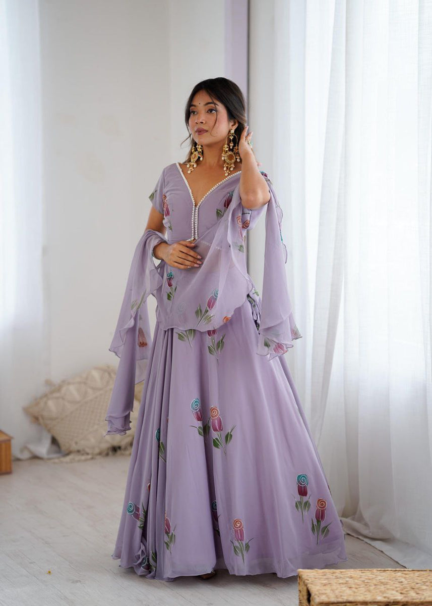 Arti Chauhan's Lavender Color Hand Painted Pure Georgette Lehenga Set ...