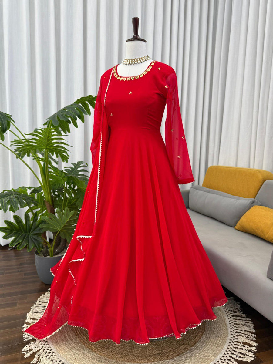 Gorgeous Red Color Fully Flair Designer Gown Set – Vastra Shop