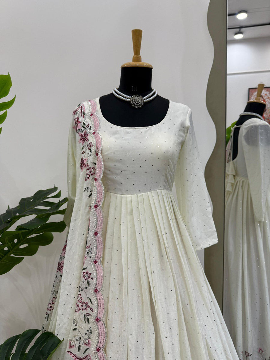 Embellished Off White Color Chinon Silk Thread With Sequence Work Anar ...