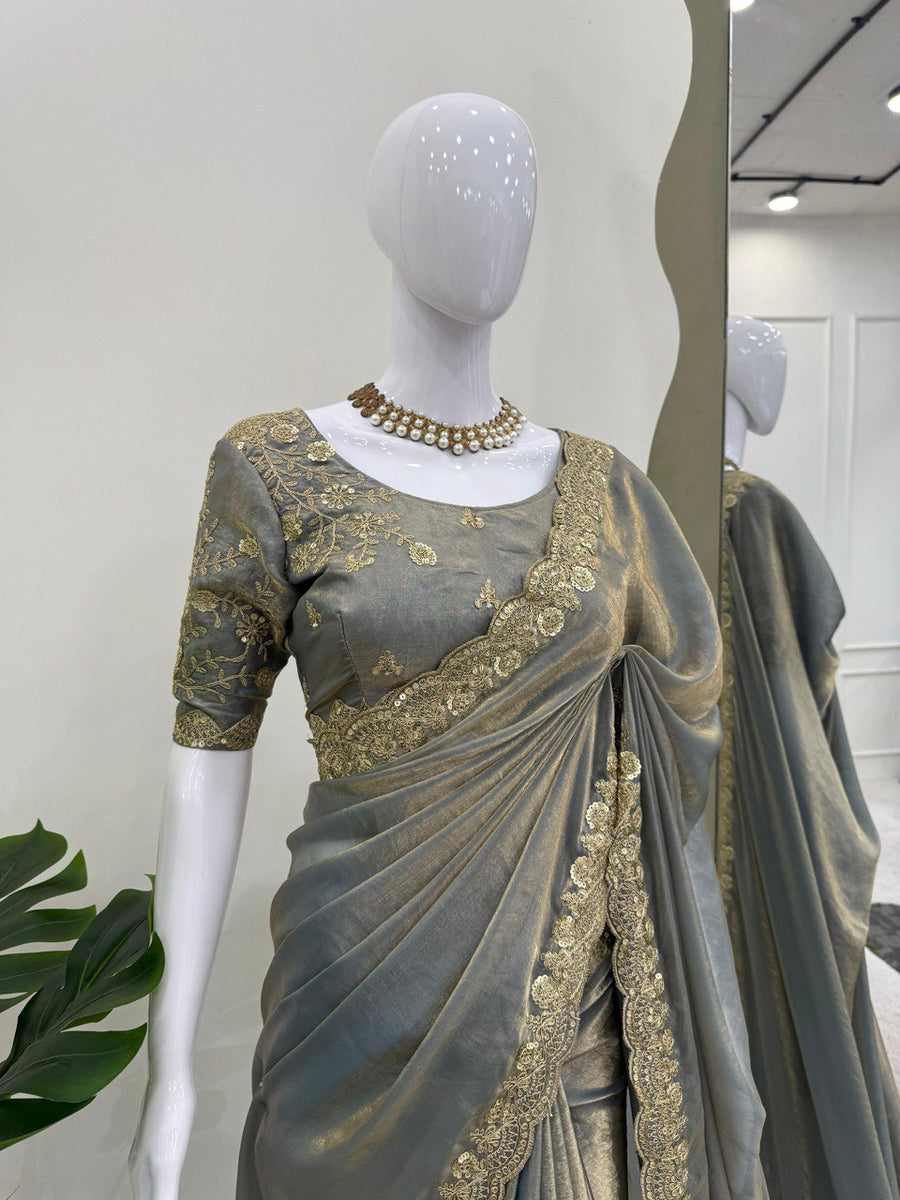 Ravishing Grey Color Fendy Silk With Coding And Sequence Work Designer ...