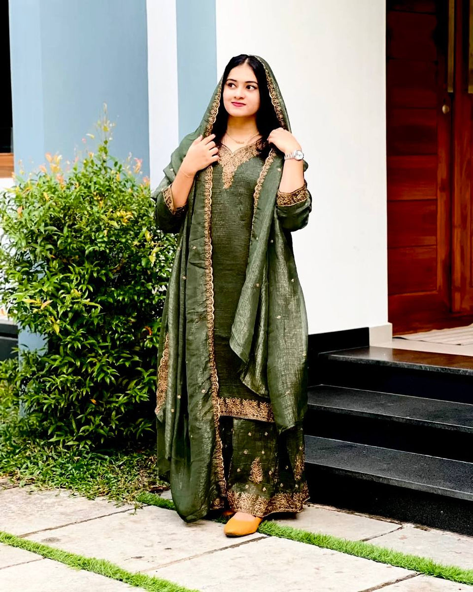 Reception Wear Mahendi Green Color Heavy Crunchy Silk With Heavy Embro ...