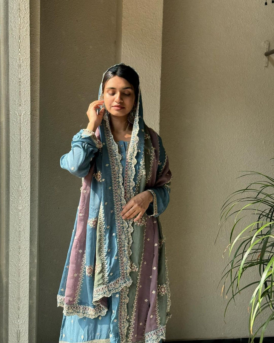 Glorious Sky Blue Color Sharara Suit With Multi Color Dupatta – Vastra Shop