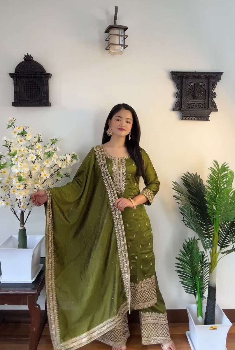 Mesmerizing Work Mehendi Color Palazzo Suit – Vastra Shop