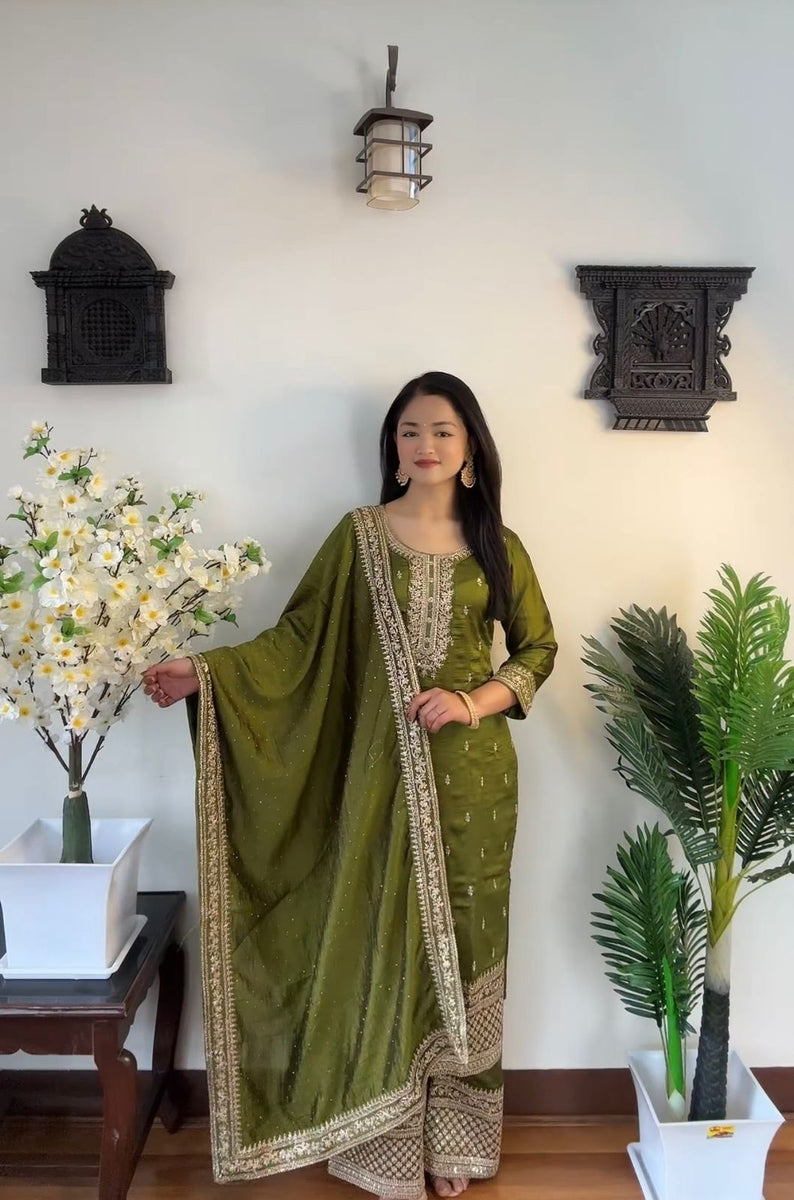 Mesmerizing Work Mehendi Color Palazzo Suit – Vastra Shop