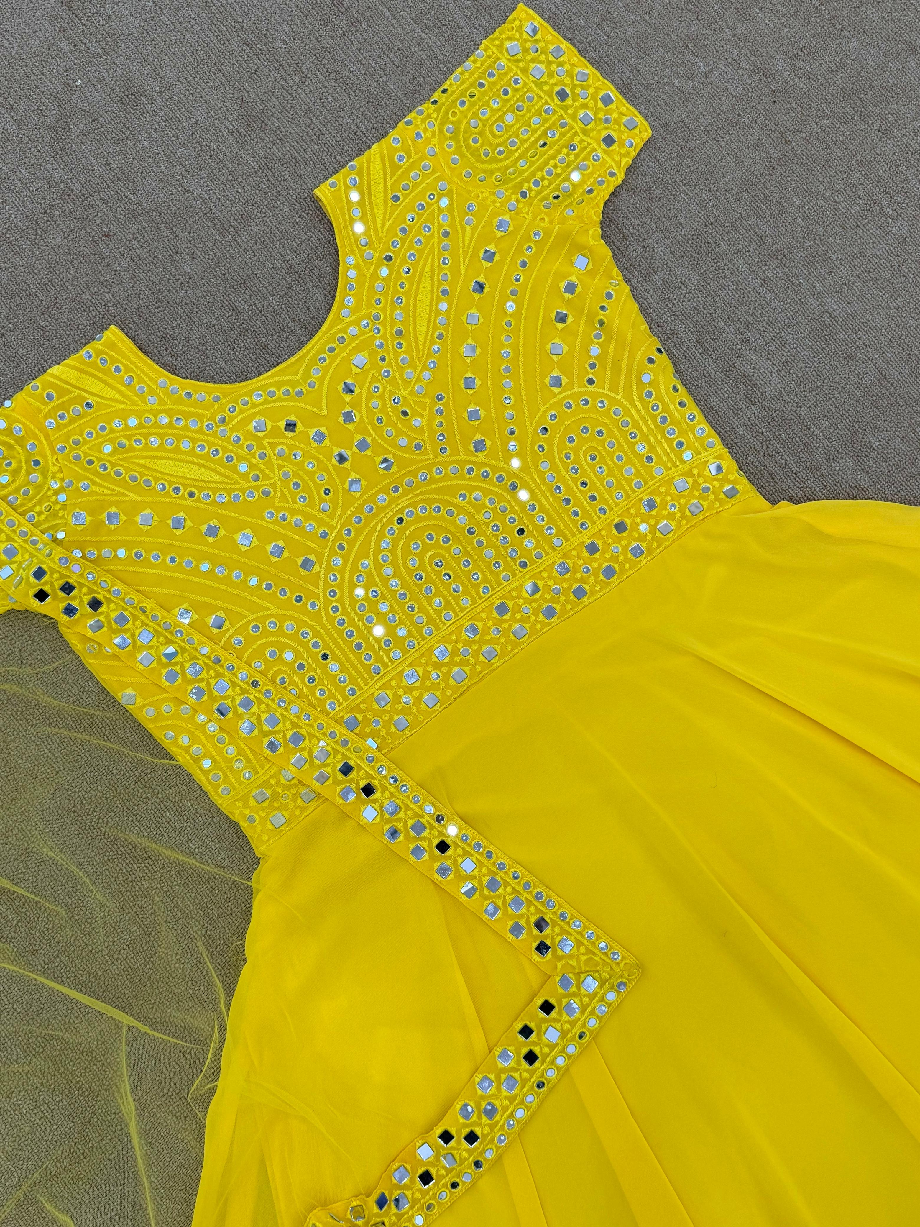 Opulent Yellow Thread Mirror Work Gown With Dupatta – Vastra Shop