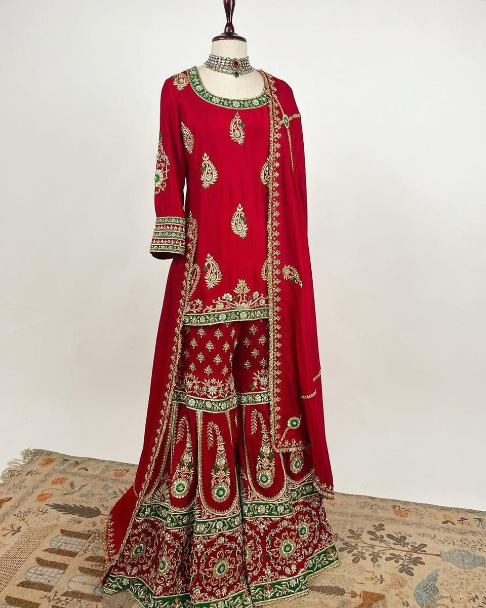 Fantastic Red Color Embroidery Work Heavy Sharara Suit – Vastra Shop
