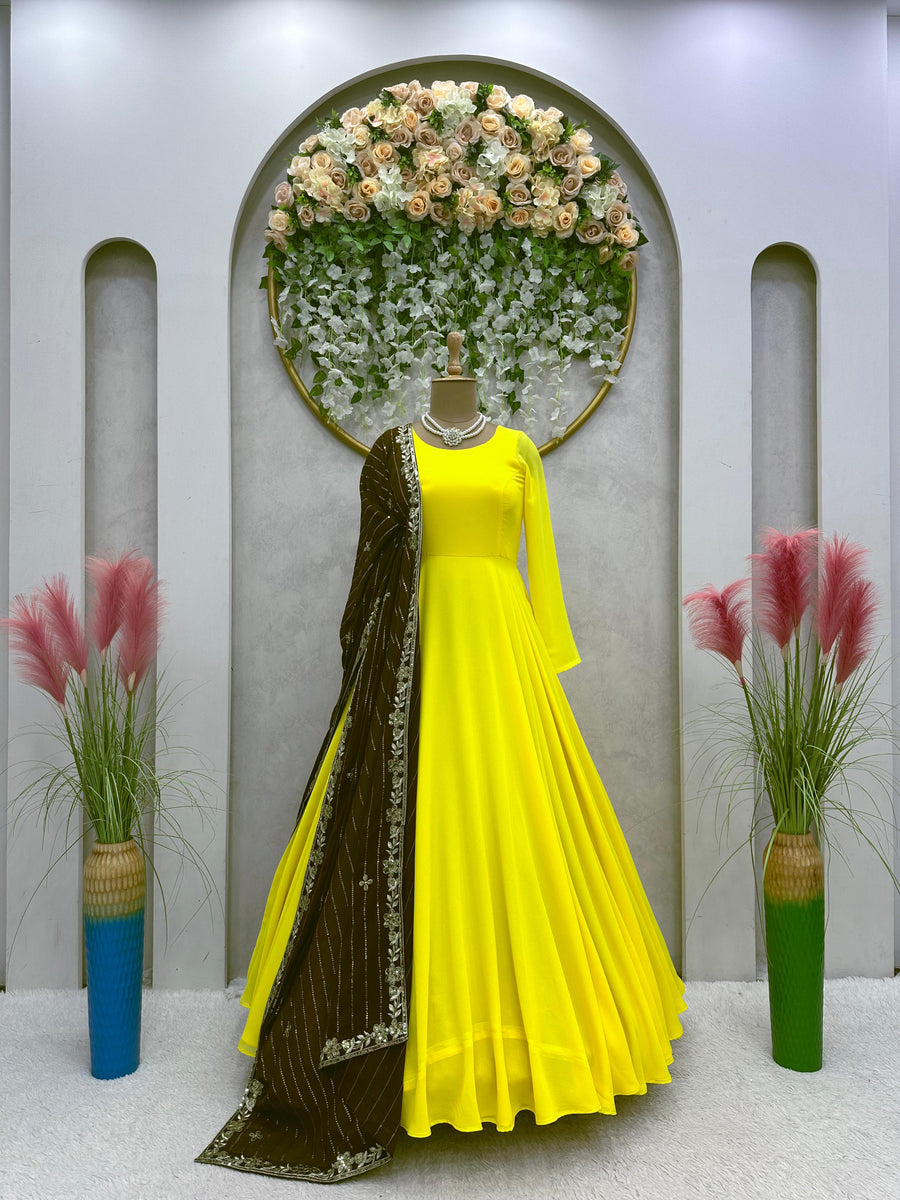 Opulent Yellow Color Dori Pattern Gown With Brown Dupatta – Vastra Shop
