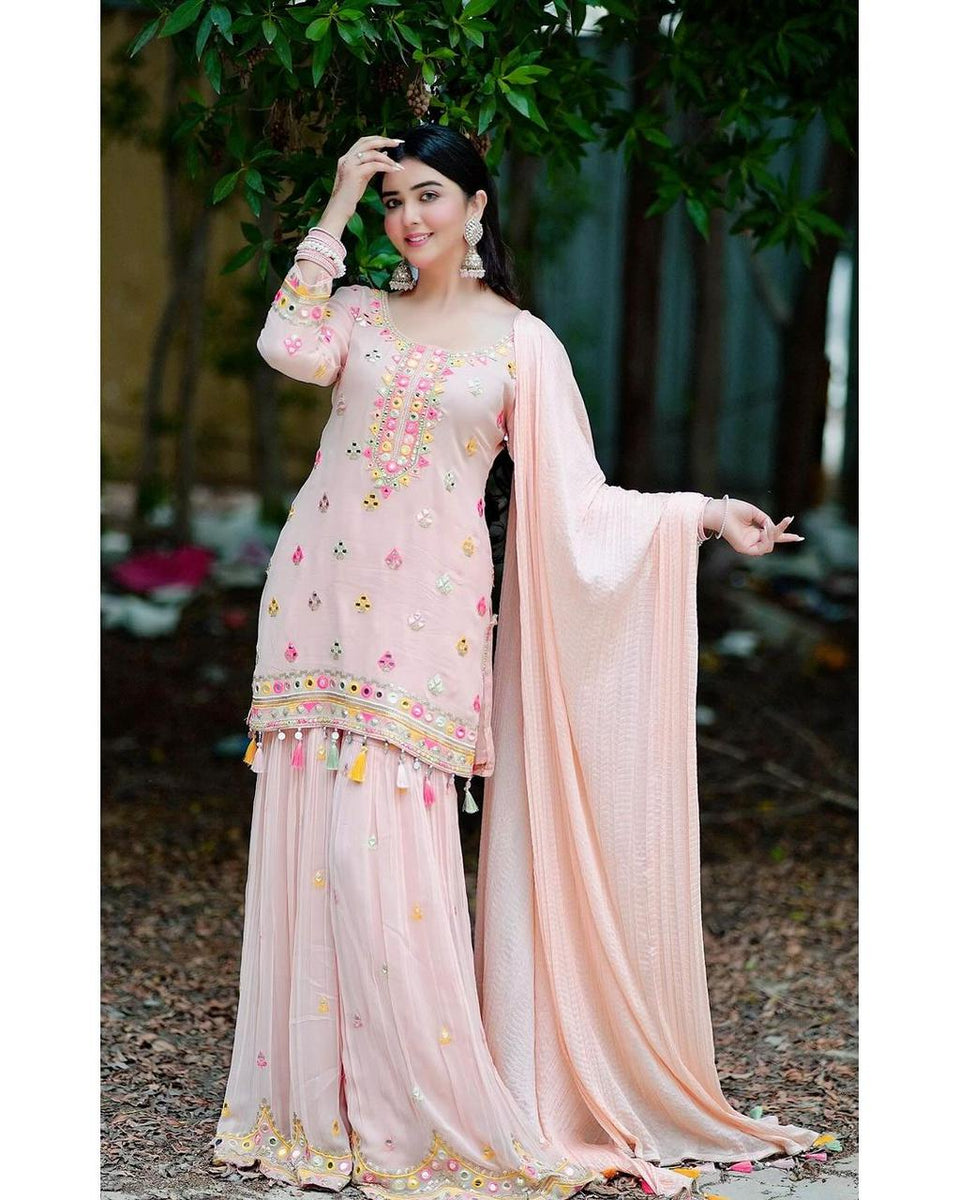 Multi Embroidery Sequence Work Peach Color Sharara Suit – Vastra Shop