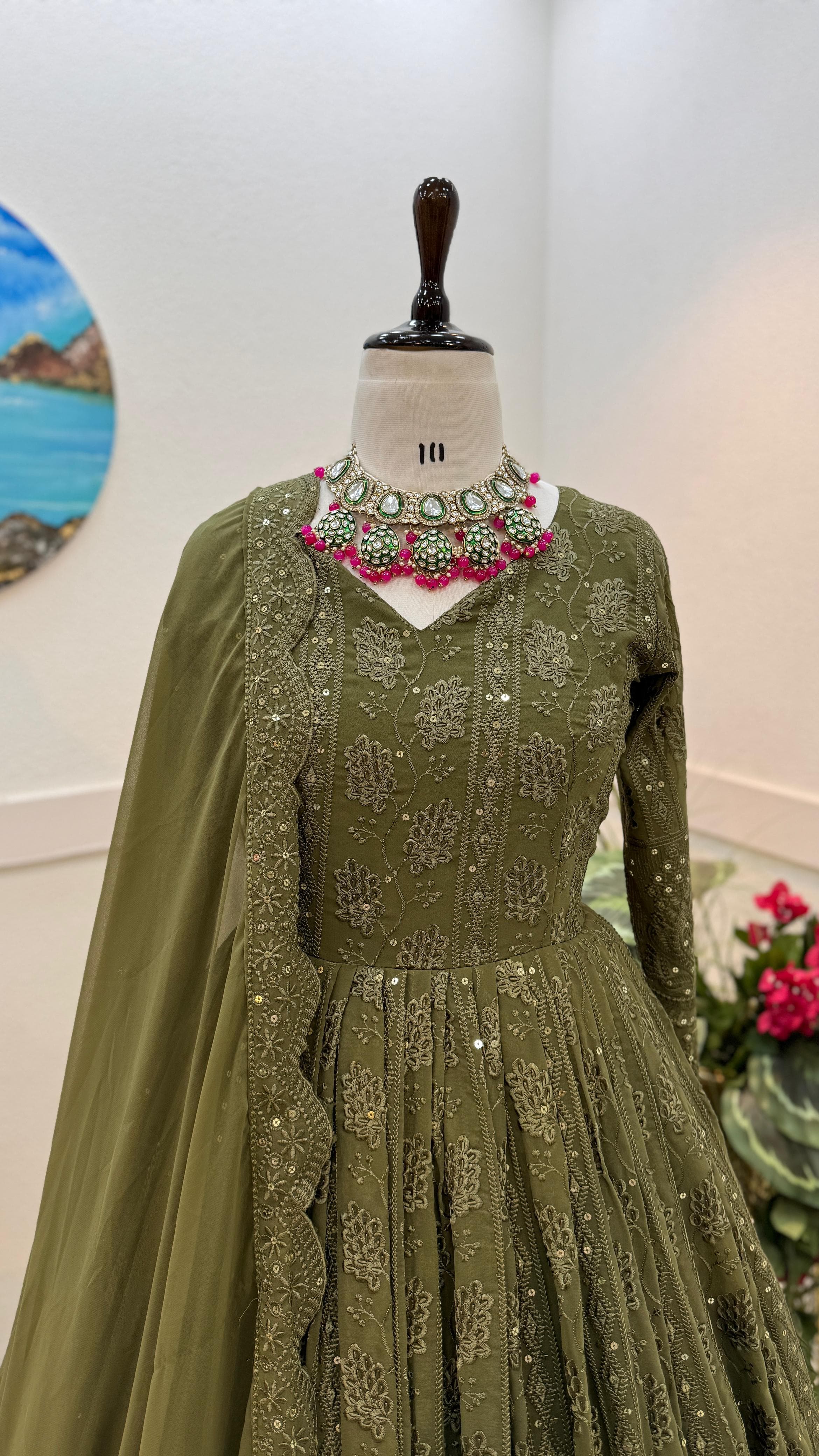 Elegant Mehndi Color Thraed Sequence Work Gown – Vastra Shop