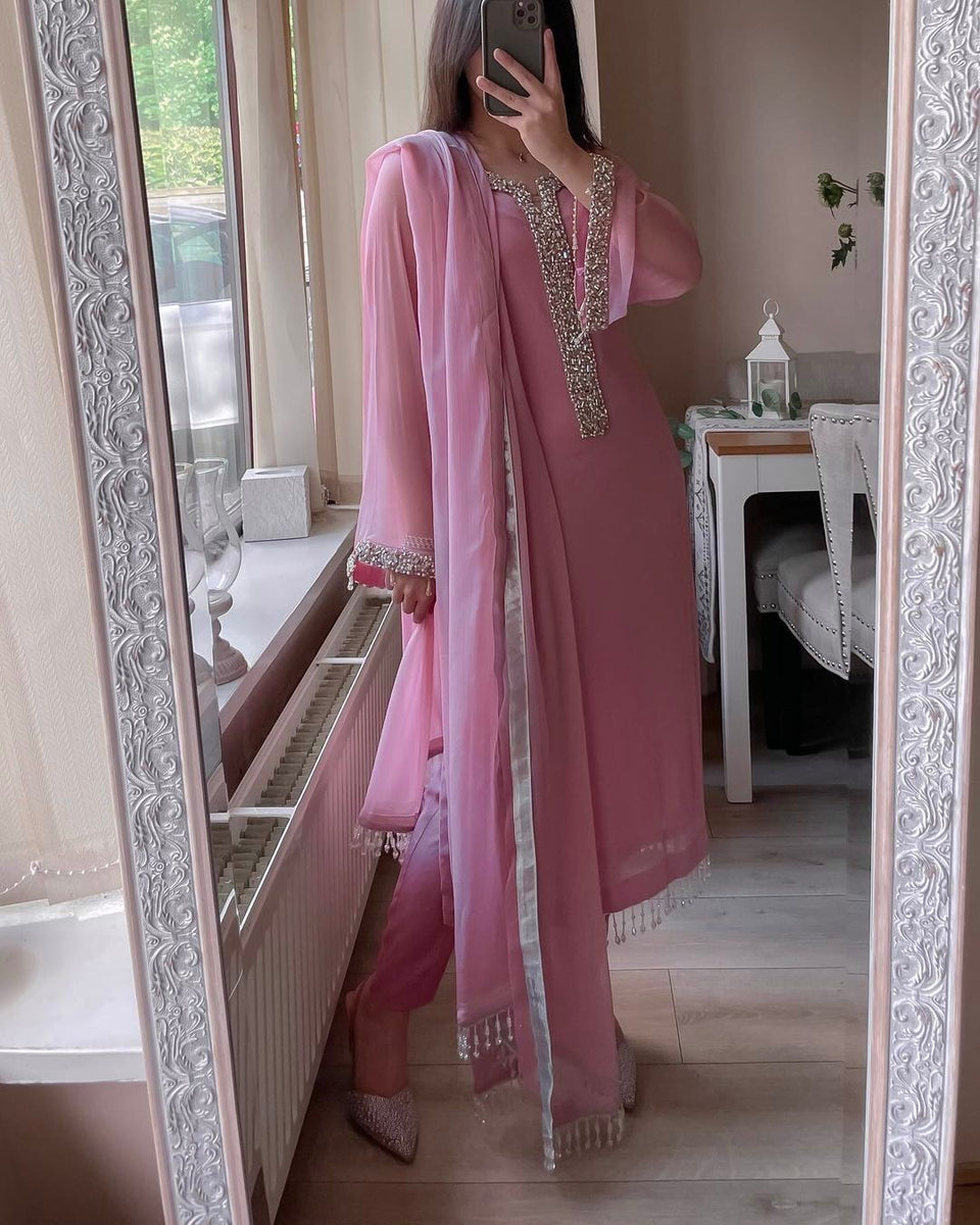 Wedding Pink Georgette Real Moti Hand Work Salwar Suit – Vastra Shop