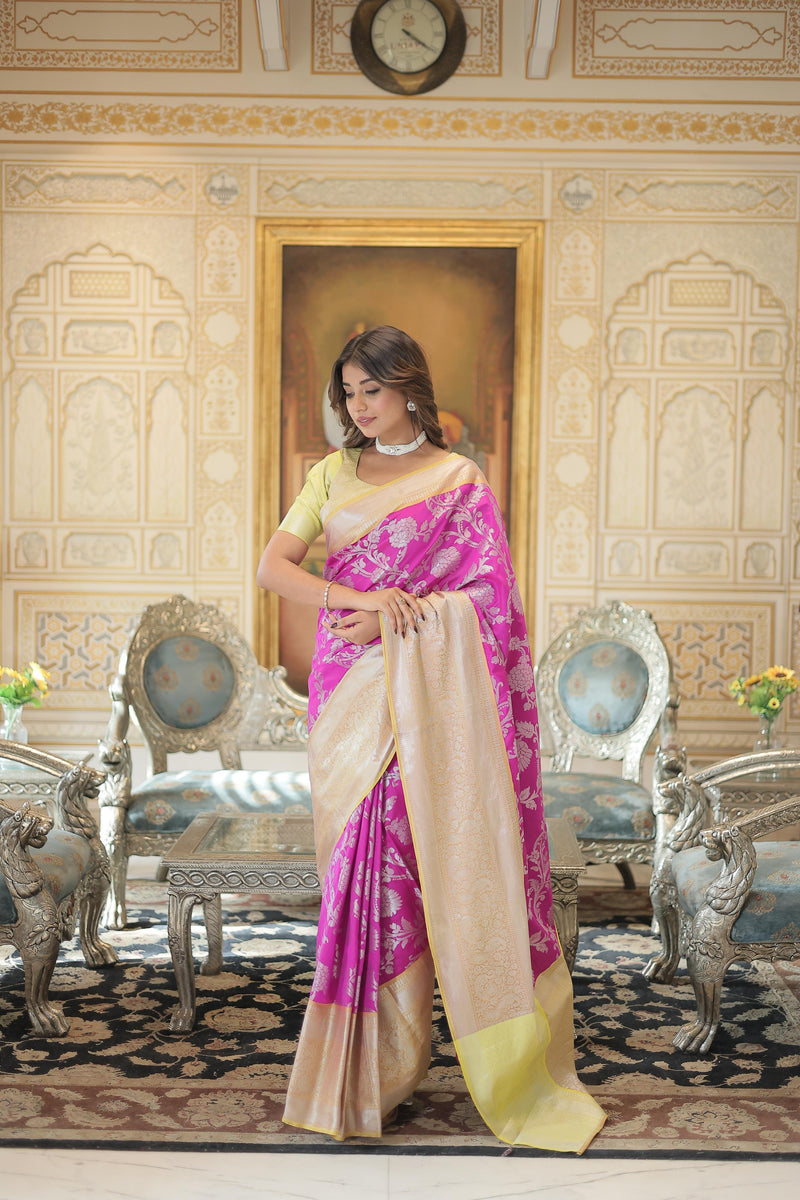 Presenting Heavy Border Pink Color Kanjivaram Silk Saree – Vastra Shop