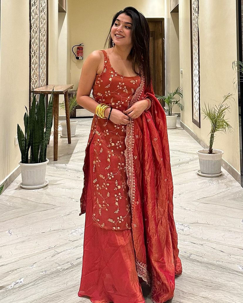 Latest Designer Rust Orange Color Organza With Sequence Work Sharara S ...