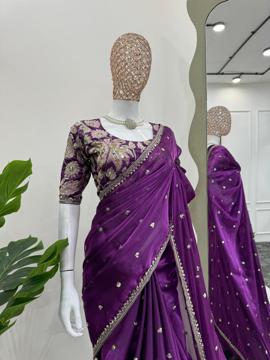 Beautiful Purple Color Designer Jimmy Chu Sequence And Thread Work Sar ...