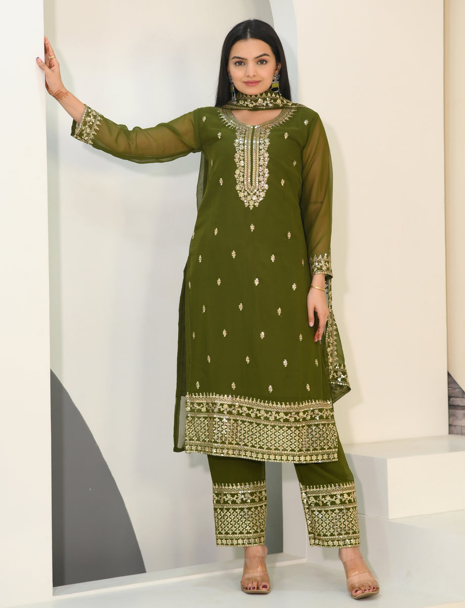 Wedding Wear Mehndi Green Color Faux Georgette And Sequence Embroidery ...