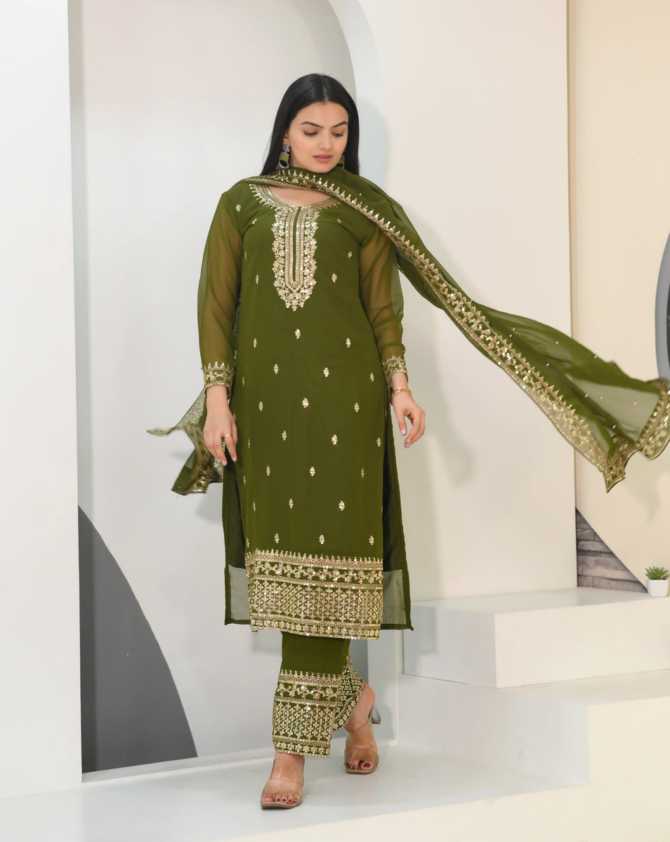 Wedding Wear Mehndi Green Color Faux Georgette And Sequence Embroidery ...