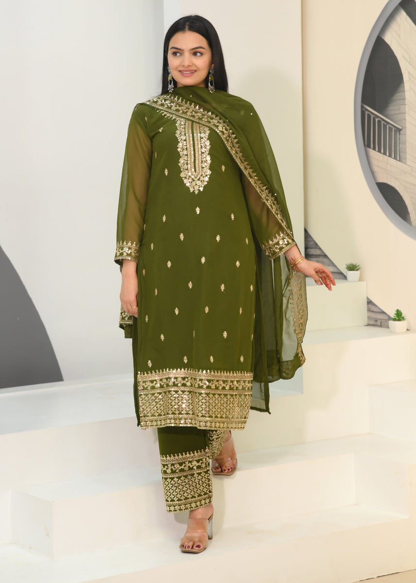 Wedding Wear Mehndi Green Color Faux Georgette And Sequence Embroidery ...