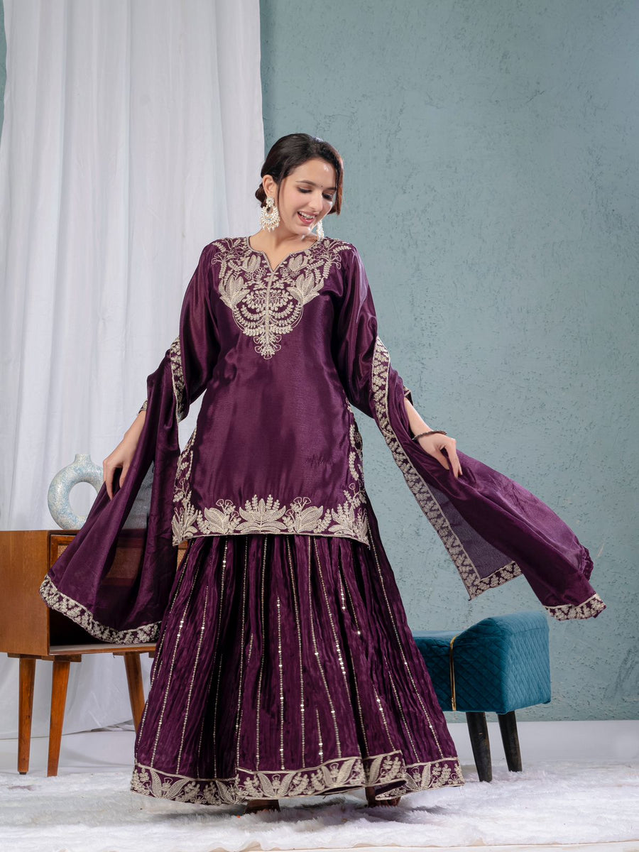 Luxuriant Purple Color Pure Heavy Chinon Silk With Heavy Embroidery Co ...