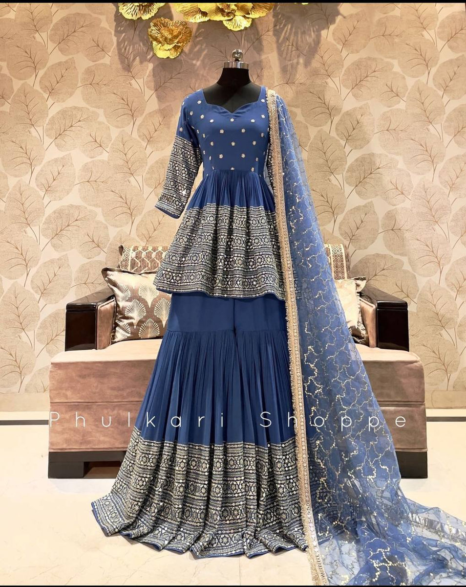 Pretty Blue Color Sequence Work Kediyu With Sharara – Vastra Shop
