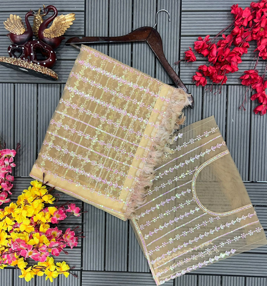 Fancy Border Sequence Work Beige Color Net Saree – Vastra Shop