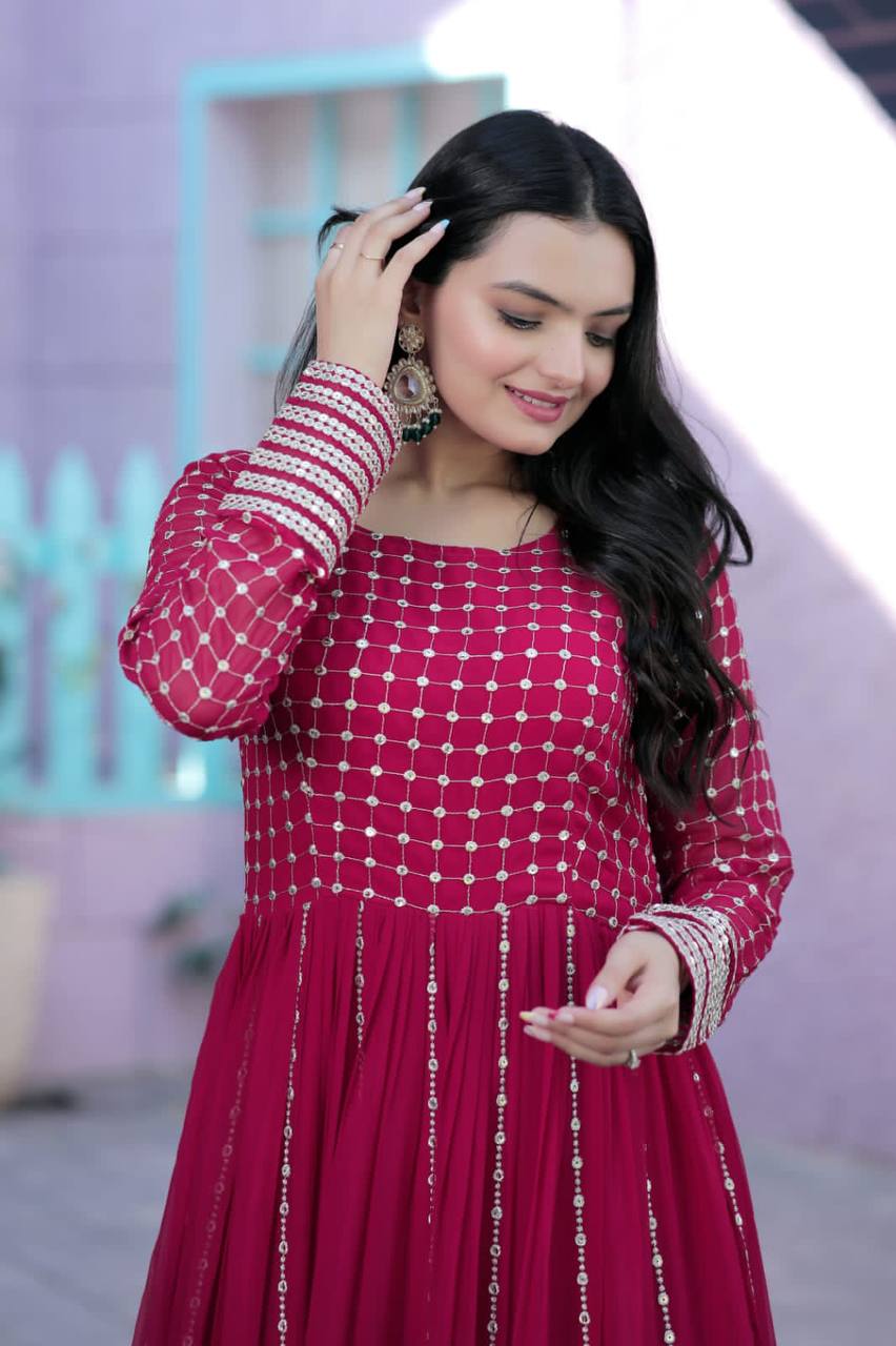 Demanding Pink Color Embroidered Work Gown – Vastra Shop